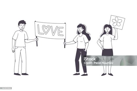 플래카드 벡터 세트로 평화를 위한 시위에 참여하는 남자와 여자 캐릭터 꽃 식물에 대한 스톡 벡터 아트 및 기타 이미지 꽃 식물 남자 남자들만 Istock