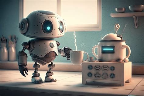 Cute Robot Assistant Bringing Cup Of Tea To Its Master In Cute And Futuristic Kitchen Stock