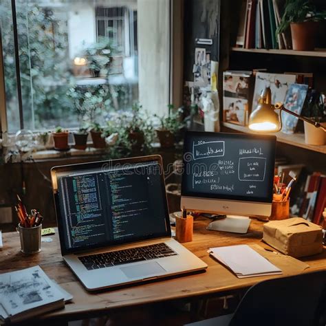 Developer S Work Corner With Coding Atmosphere On A Rainy Day Stock