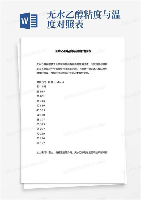 无水乙醇粘度与温度对照表Word模板下载 编号lkdyyxja 熊猫办公