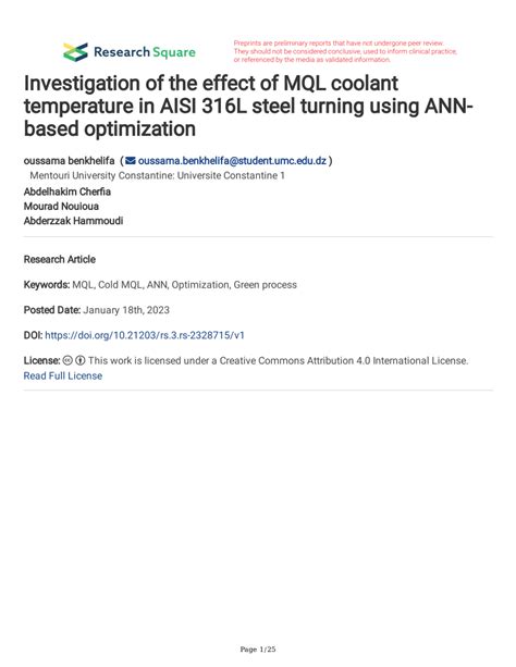 Pdf Investigation Of The Effect Of Mql Coolant Temperature In Aisi 316l Steel Turning Using