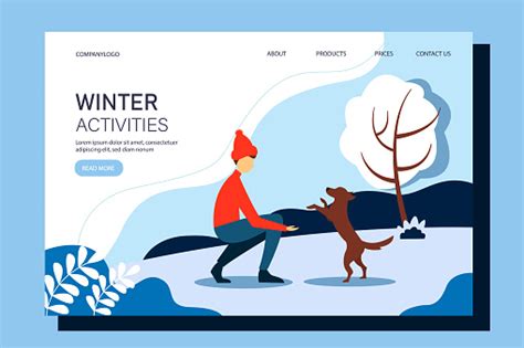 공원에서 개와 놀고있는 남자 방문 페이지 템플릿입니다 야외 레크리에이션 활동적인 취미의 개념적 그림 평면 스타일의 겨울 그림 12월에 대한 스톡 벡터 아트 및 기타 이미지