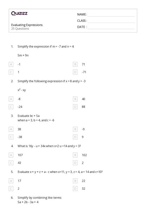 50 Evaluating Expressions Worksheets For 2nd Class On Quizizz Free