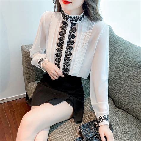 여성용 빈티지 싱글 브레스트 시폰 블라우스 우아한 자수 상의 스탠드 칼라 랜턴 소매 셔츠 가을 봄 신상