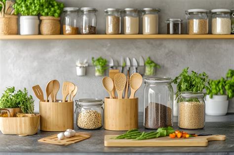 An Eco Friendly Kitchen With Bamboo Utensils Reusable Containers And Fresh Vegetables On The
