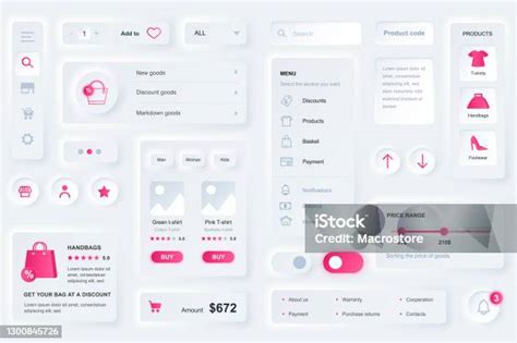모바일 앱 쇼핑용 사용자 인터페이스 요소입니다 독특한 호형성 디자인 Ui Ux Gui Kit 요소 템플릿 노이모티즘 스타일 다른 형태 구성 요소 버튼 메뉴 쇼핑 쇼핑 몰에