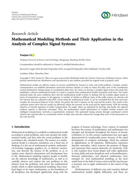 Pdf Mathematical Modeling Methods And Their Application In The