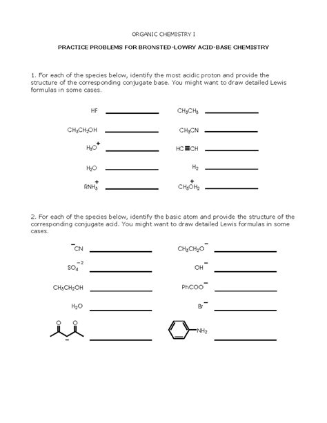 Organic Chemistry I Bronsted Lowry Acid Base Practice Problems Studocu