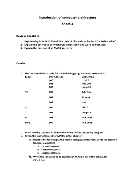 Introduction Of Computer Architecture Sheet 3 Pdf Assembly Language Computer Programming