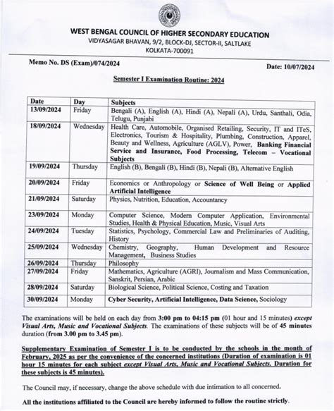 West Bengal Hs Semester I Semester Ii Routine 2025 Check Wbchse Class 11th Exam Dates Aglasem