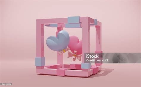 분홍색 파스텔 구성의 기하학적 모양이 있는 상자에 있는 두 개의 하트 모양의 풍선 발렌타인 데이 개념 추상적인 배경 3d 그림 또는 3d 렌더링 3차원 형태에 대한 스톡