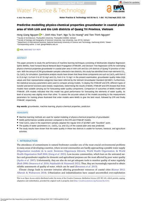 Pdf Predictive Modelling Physico Chemical Properties Groundwater In Coastal Plain Area Of Vinh