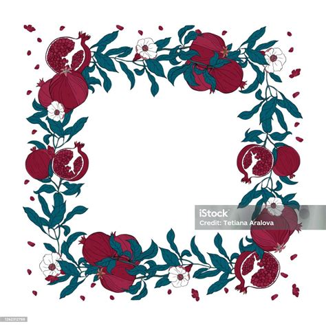 석류 잎 씨앗과 꽃의 벡터 사각형 프레임 석류와 잎의 벡터 일러스트화화 배경 생일 어머니의 날 등을위한 인사말 카드로 사용할 수