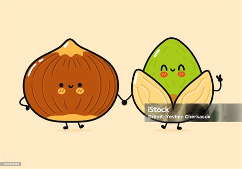 귀엽고 재미있는 행복한 헤이즐넛과 피스타치오 캐릭터 벡터 손으로 그린 만화 가와이 문자 일러스트 아이콘 재미있는 만화 헤이즐넛과 피스타치오 친구 Launch Party에