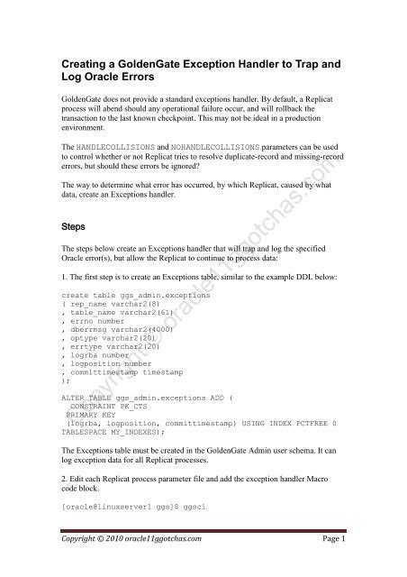 Creating A Goldengate Exception Handler To Trap And Log Oracle