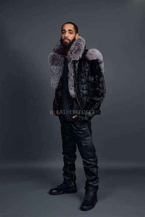 Mens Mink Biker Jacket Blacksilver Leatherkloset