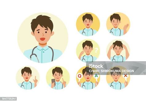 일하는 간호사 남자 헬스케어 Conceptman 만화 캐릭터 헤드 컬렉션 세트입니다 사람들은 프로필 아바타 및 아이콘에 얼굴을 맞춥니다 웃고 있는 남자의 이미지를 닫습니다