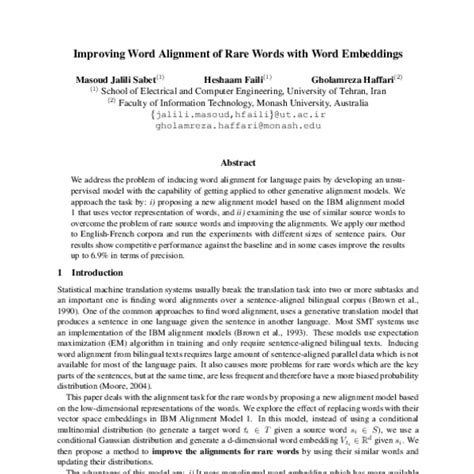 Improving Word Alignment Of Rare Words With Word Embeddings Acl Anthology