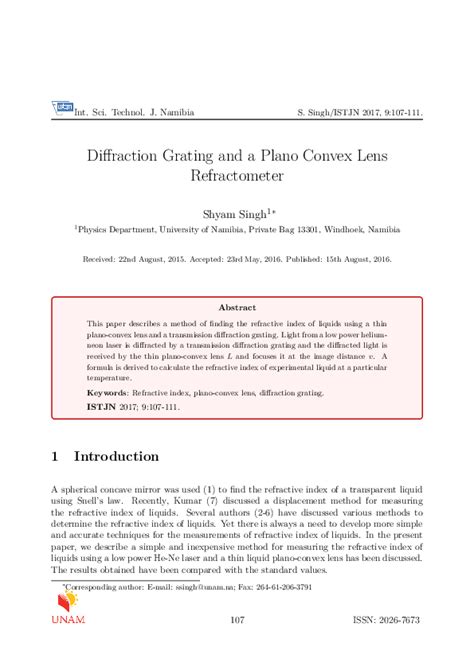 Pdf Diffraction Grating And A Plano Convex Lens Refractometer