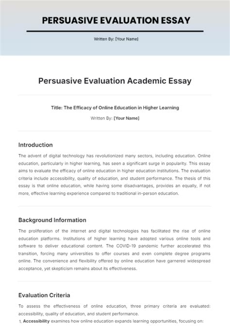 Free Persuasive Evaluation Academic Essay Template To Edit Online