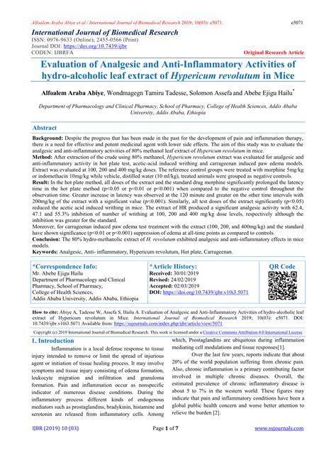 Pdf Evaluation Of Analgesic And Anti Inflammatory Activities Of Hydro