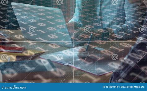 Animation Of Binary Code Circle With Rays Over Midsection Of Caucasian Babes Studying In