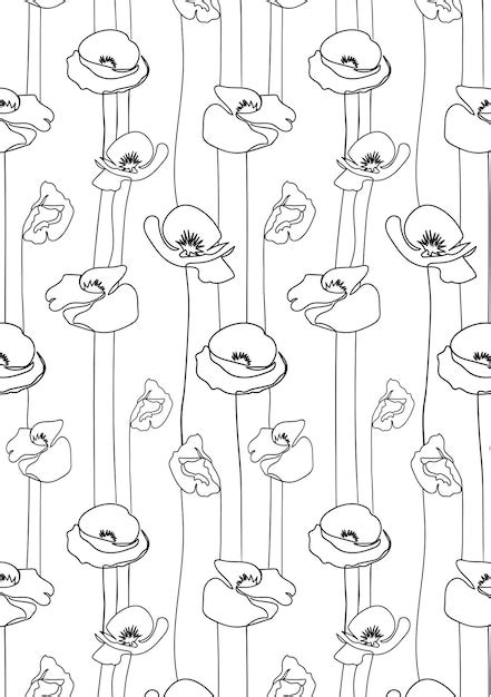 단일 연속 선 그리기 스타일의 원활한 패턴의 양귀비 현대 간단한 벡터 일러스트 레이 션 프리미엄 벡터