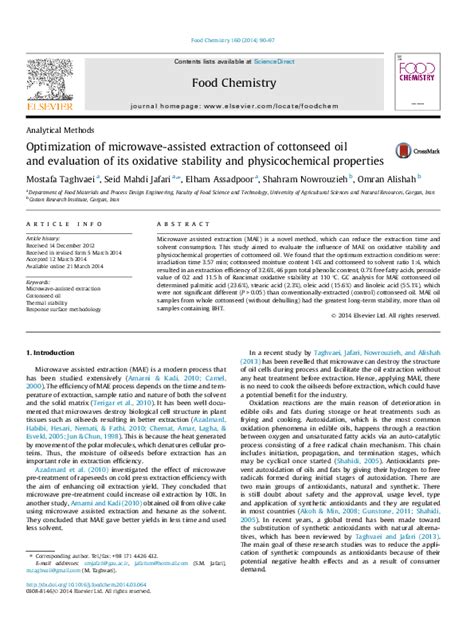 Pdf Optimization Of Microwave Assisted Extraction Of Cottonseed Oil And Evaluation Of Its O