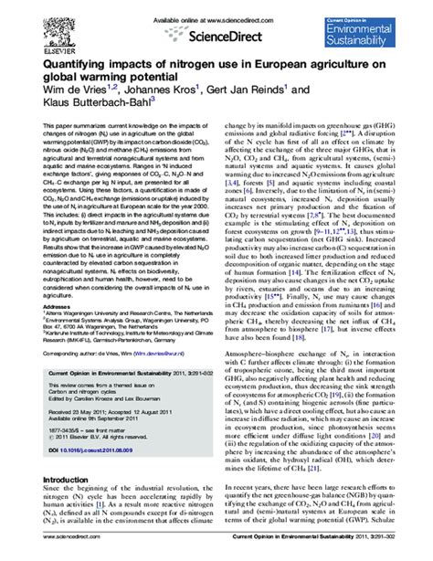 Pdf Quantifying Impacts Of Nitrogen Use In European Agriculture On Global Warming Potential