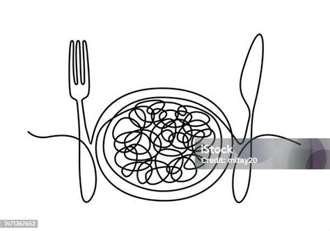 포크와 나이프로 맛있는 스파게티의 단일 연속 선 그리기 이탈리아 파스타 국수 레스토랑 개념 손 그리기 라인 아트 디자인 벡터
