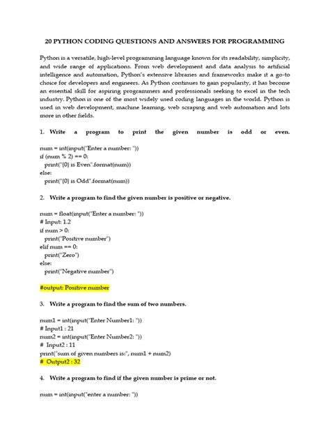 20 Python Coding Questions And Answers For Programming Pdf Computer