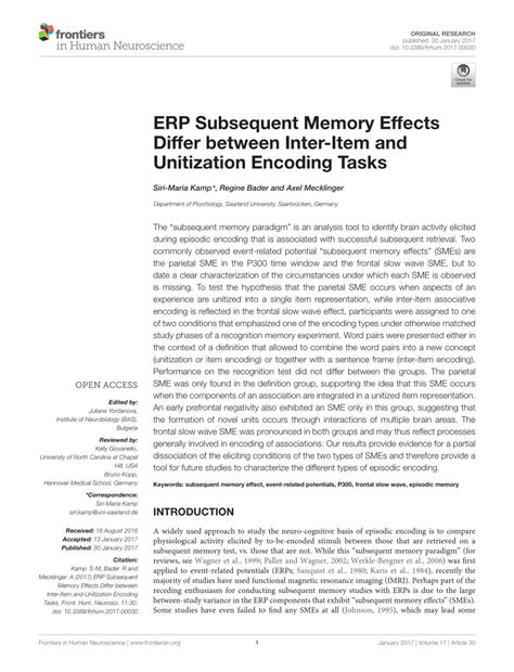 Pdf Erp Subsequent Memory Effects Differ Between Inter Item And