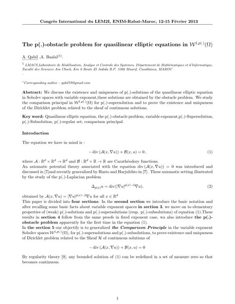 Pdf The P Obstacle Problem For Quasilinear Elliptic Equations In W 1p Ω