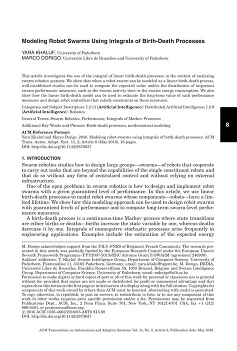 Pdf Modeling Robot Swarms Using Integrals Of Birth Death Processes