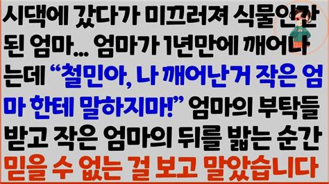 신청사연 시댁에 갔다가 미끄러져 식물인간이 된 엄마 엄마가 1년만에 꺠어나는데 철민아 나 깨어난거 작은 엄마한테 말하지마 신청사연 사이다썰 Youtube