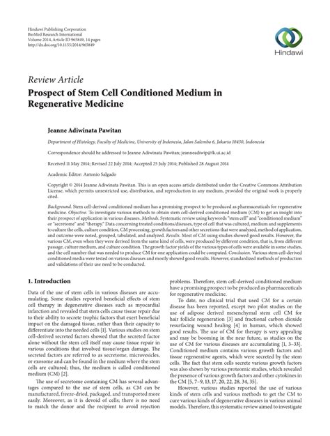 Pdf Prospect Of Stem Cell Conditioned Medium In Regenerative Medicine