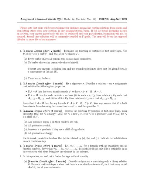 Col703 Iit Delhi Assignment 4 Pdf First Order Logic Mathematics