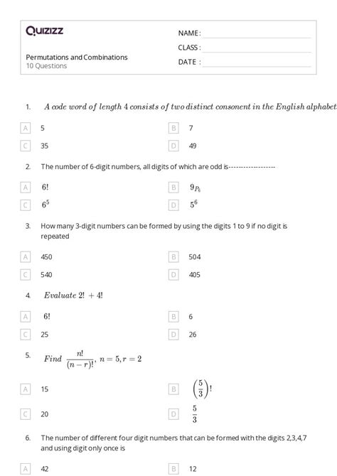 50 permutations worksheets for 11th class on quizizz free and printable