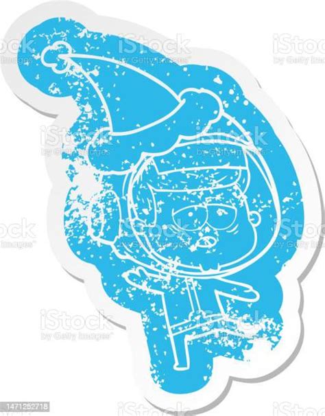 산타 모자를 쓰고 피곤한 우주 비행사의 기발한 만화 고민 스티커 낙서 드로잉에 대한 스톡 벡터 아트 및 기타 이미지 낙서 드로잉 남자 데칼 Istock