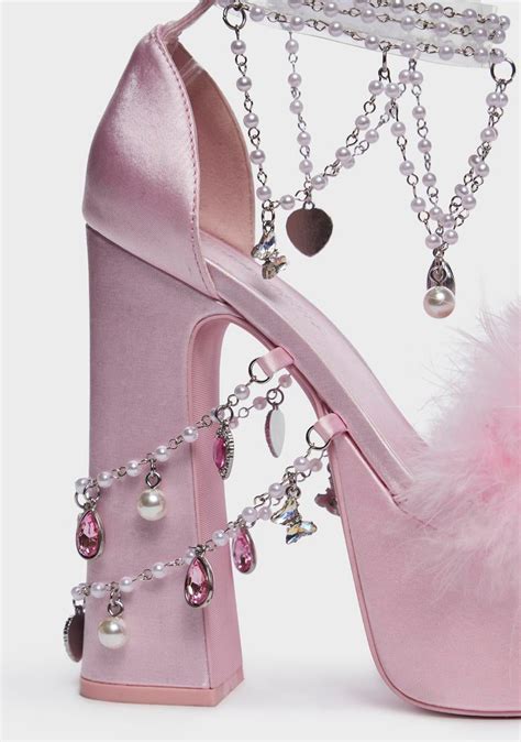 Sugar Thrillz Satin Charm Chain Platform Marabou Heels Pink Dolls Kill