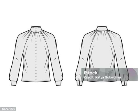 긴 소매 프론트 버튼 패스닝 루즈 한 실루엣의 셜레드 하이 컷 넥 블라우스 테크니컬 패션 일러스트레이션 0명에 대한 스톡 벡터