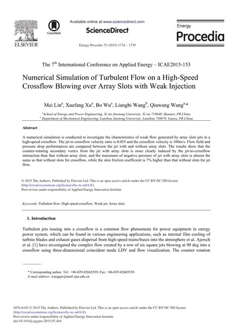 Pdf Numerical Simulation Of Turbulent Flow On A High Speed Crossflow