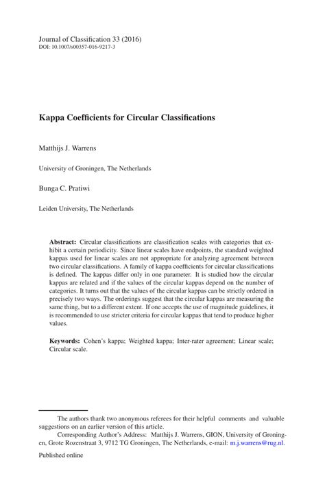 Pdf Kappa Coefficients For Circular Classifications