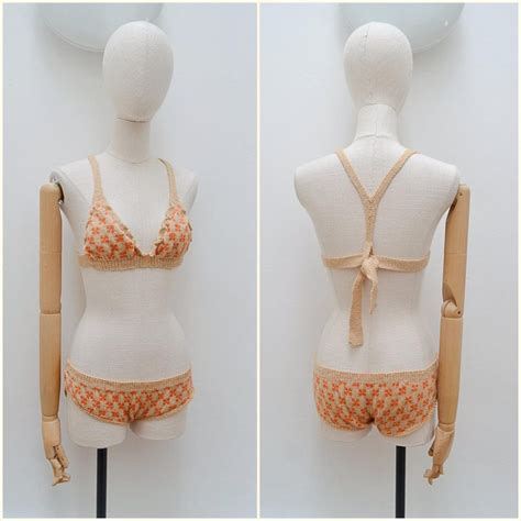 1970s Low Rise Knit Bikini 70s Triangle Top Knitted Beachwear Risqué