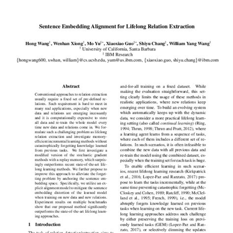 Sentence Embedding Alignment For Lifelong Relation Extraction Acl Anthology