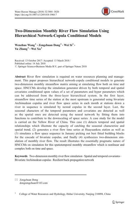 Pdf Two Dimension Monthly River Flow Simulation Using Hierarchical Network Copula Conditional