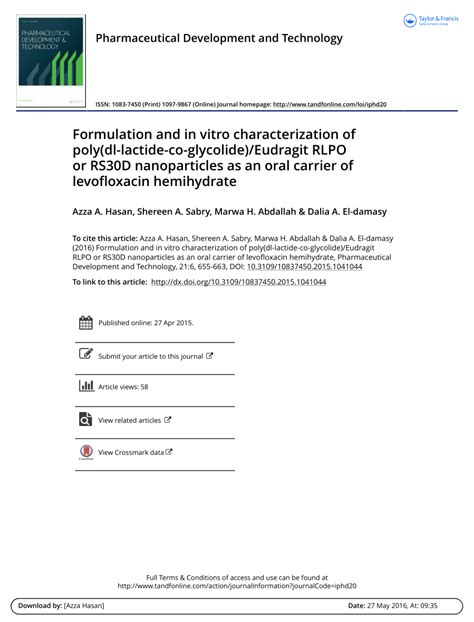 Pdf Formulation And In Vitro Characterization Of Polydl Lactide Co Glycolideeudragit Rlpo