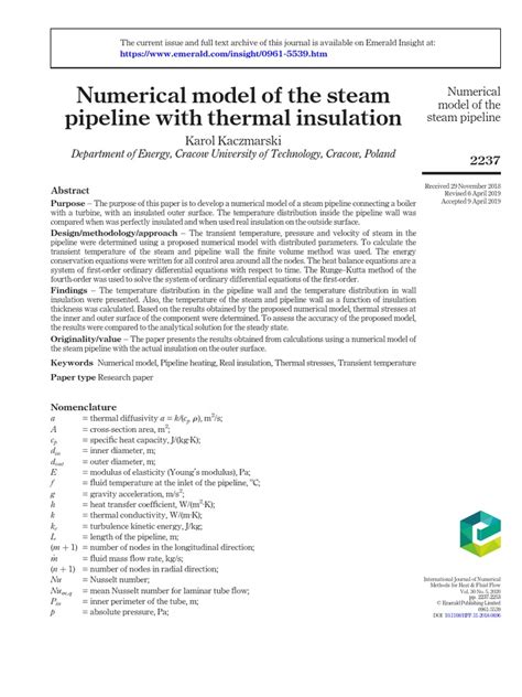 Numerical Model Of The Steam Pipeline With Thermal Insulation Pdf Download Free Pdf Thermal