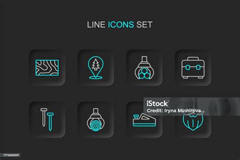 세트 라인 콧수염과 수염 나무 비행기 도구 그래플 크레인 잡기 통나무 금속 손톱 도구 상자 숲의 위치 및 나무 빔 아이콘 벡터 강철에 대한 스톡 벡터 아트 및 기타 이미지