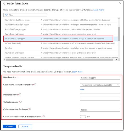 Create Azure Function Cosmos Trigger In Azure Portal